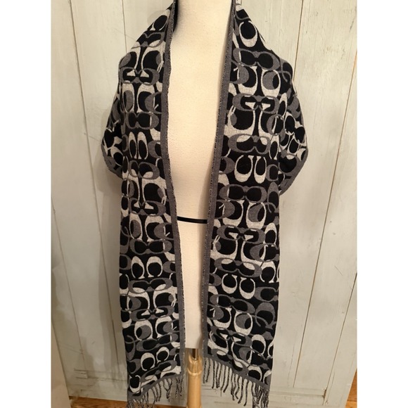 Coach | Accessories | Coach Logo Black Grey Wool Cashmere Blend Shawl ...